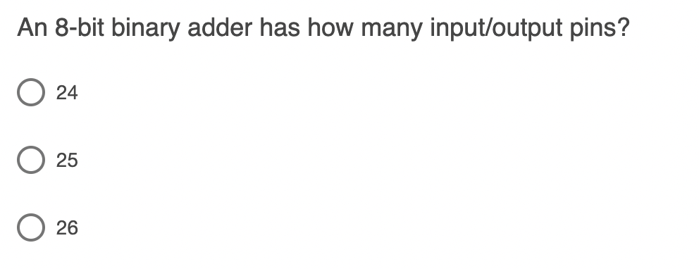 Solved An 8-bit binary adder has how many input/output pins? | Chegg.com
