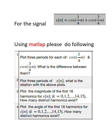 Solved For the signal x[n] = cos(n) + cos(n) 4 Using matlap | Chegg.com