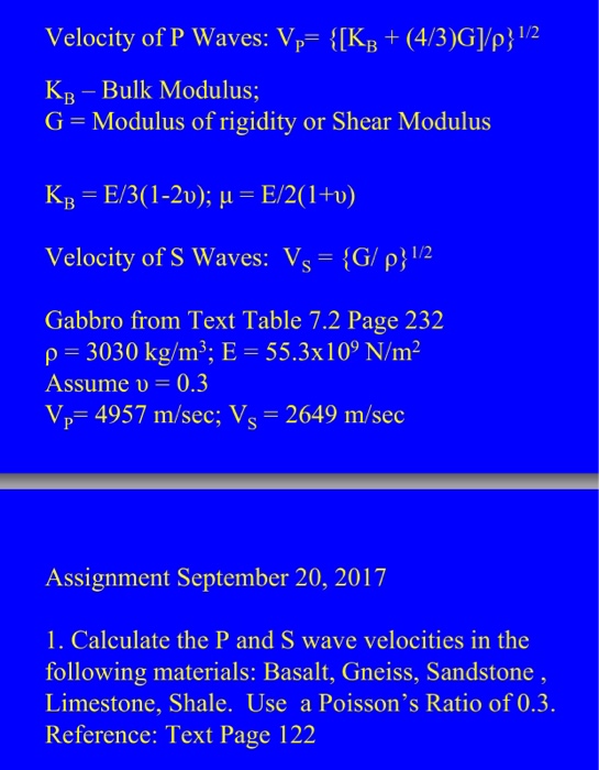 Solved Velocity of P Waves: Vp KB (4/3)G]/p;12 KR Bulk | Chegg.com