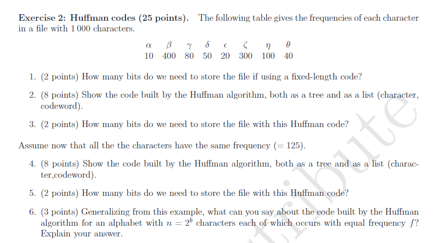 Solved Exercise 2: Huffman codes (25 points). The following | Chegg.com