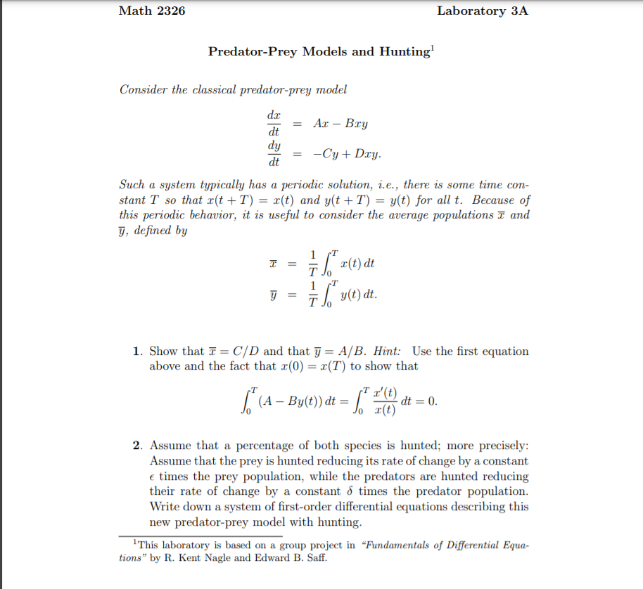 Solved Math 2326 Laboratory 3A Predator-Prey Models and | Chegg.com