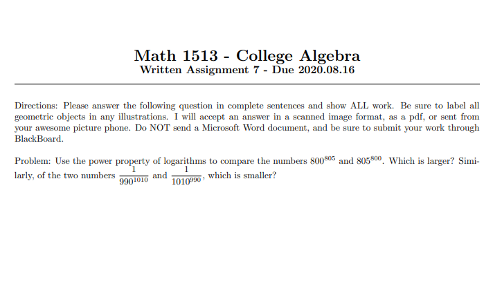 Solved Math 1513 - College Algebra Written Assignment 7 - | Chegg.com