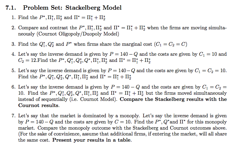 Solved 7.1. Problem Set: Stackelberg Model 1. Find the P*, | Chegg.com