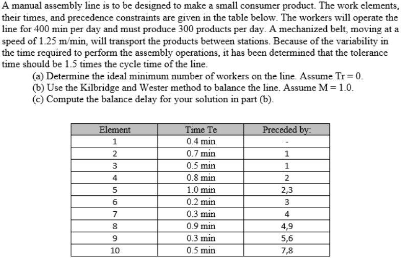 Solved A manual assembly line is to be designed to make a | Chegg.com