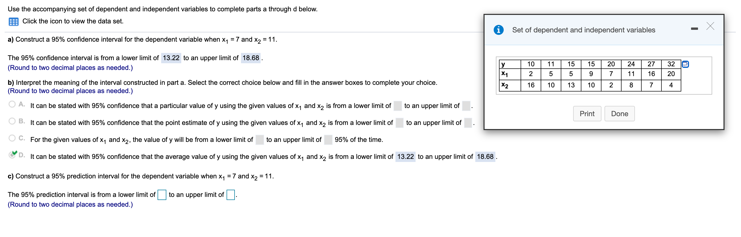 Solved Construct a 95% prediction interval for the | Chegg.com