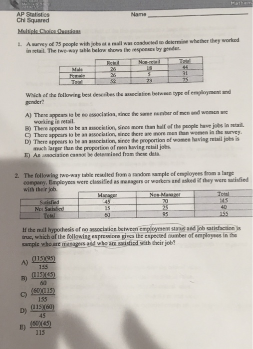 Solved Mathem AP Statistics Chi Squared Name survey of 75 | Chegg.com