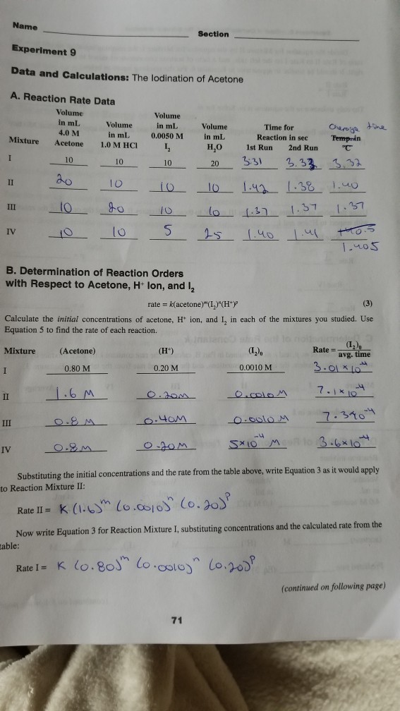 Solved Name Section Experiment 9 Data and Calculations: The | Chegg.com