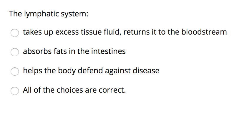 Solved The lymphatic system: takes up excess tissue fluid, | Chegg.com