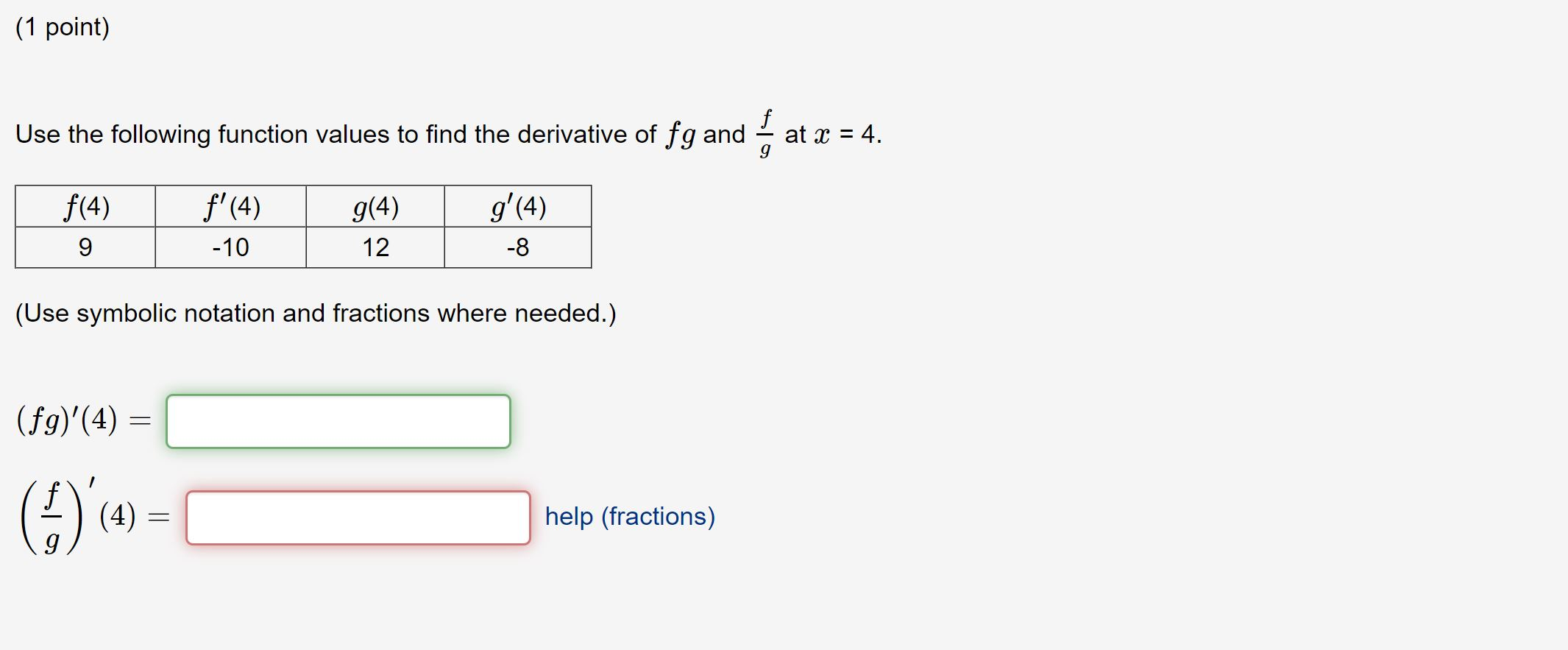 Solved (1 point) Use the following function values to find | Chegg.com