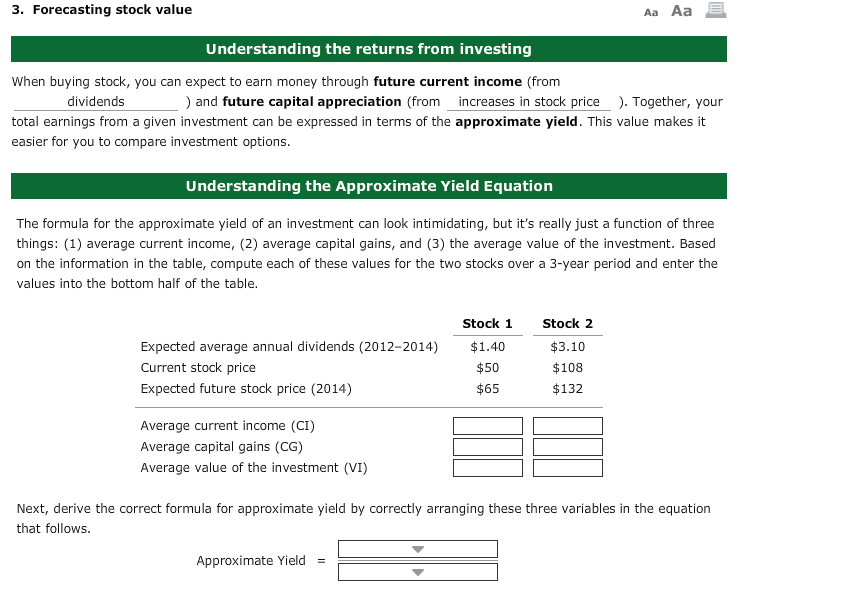 Solved 3. Forecasting stock value Aa Aa Understanding the | Chegg.com