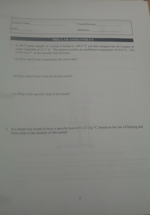 Solved Student Name Course/Section Date Instructor PRE-LAB | Chegg.com