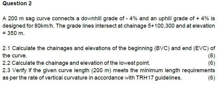Solved A 200 m sag curve connects a downhill grade of −4% | Chegg.com