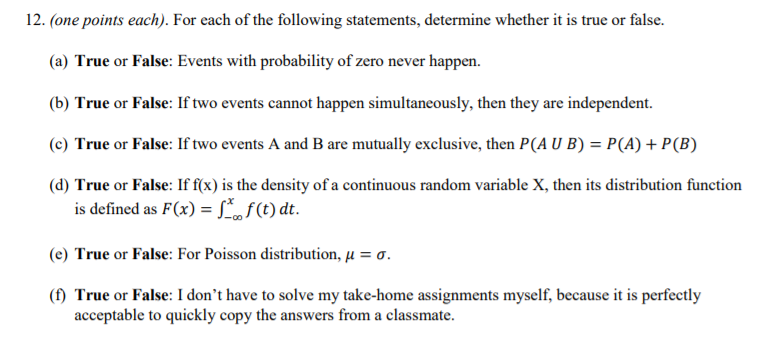 Solved 11. (4 points). There are six “True or False” | Chegg.com