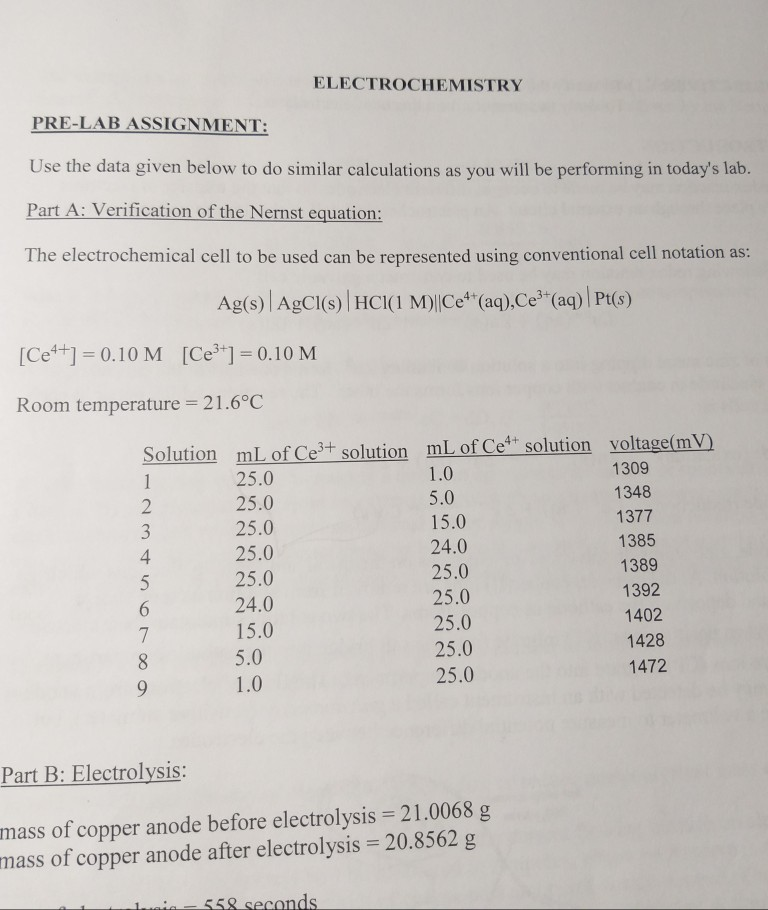 Solved ELECTROCHEMISTRY PRE-LAB ASSIGNMENT: Use the data | Chegg.com