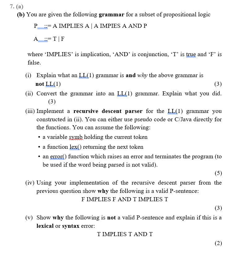 7. (a) (b) You are given the following grammar for a | Chegg.com