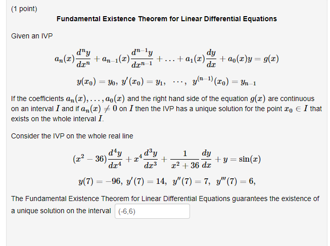 Solved (1 point) Fundamental Existence Theorem for Linear | Chegg.com