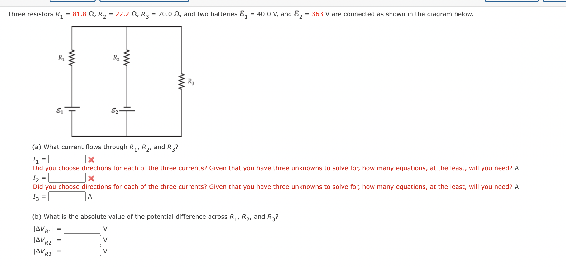 Solved Three resistors R1=81.8Ω,R2=22.2Ω,R3=70.0Ω, and two | Chegg.com