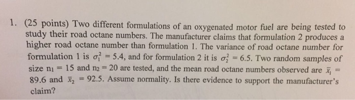 Solved Two different formulations of an oxygenated motor | Chegg.com