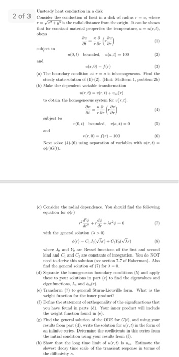 Unsteady heat conduction in a disk Consider the | Chegg.com
