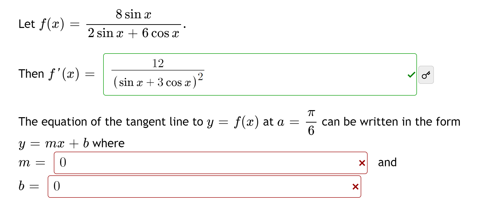 Solved Let f(x)=2sinx+6cosx8sinx. Then f′(x)=(sinx+3cosx)212 | Chegg.com
