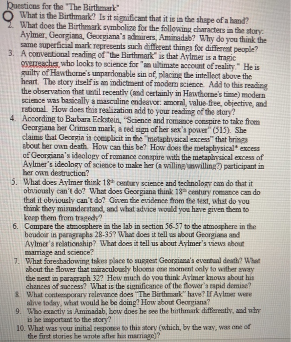 Questions for the The Birthmark" What is the | Chegg.com