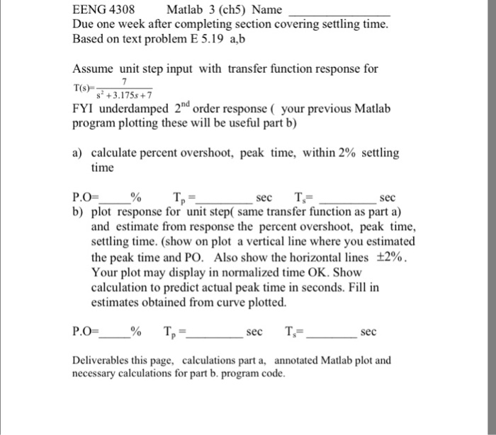Solved EENG 4308 Matlab 3 (ch5) Name Due one week after | Chegg.com