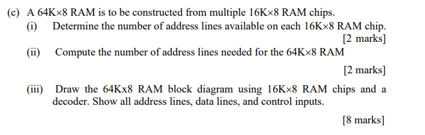 Solved (c) A 64Kx8 RAM is to be constructed from multiple | Chegg.com