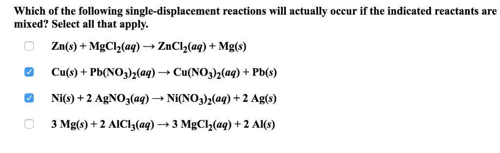 Solved Which of the following single-displacement reactions | Chegg.com