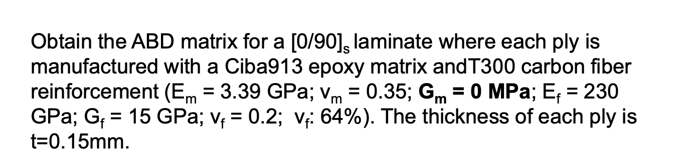 Solved Obtain the ABD matrix for a [0/90]s laminate where | Chegg.com