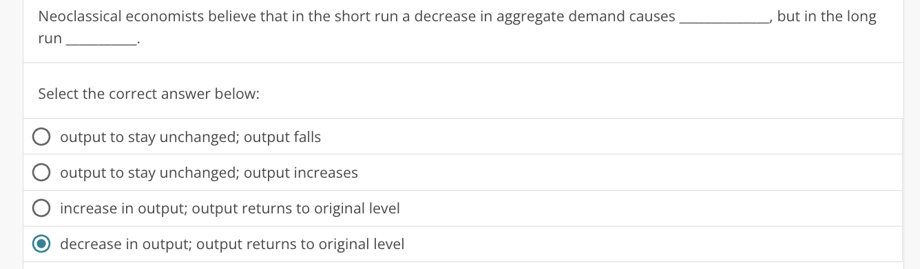 Solved Neoclassical economists believe that in the short run | Chegg.com