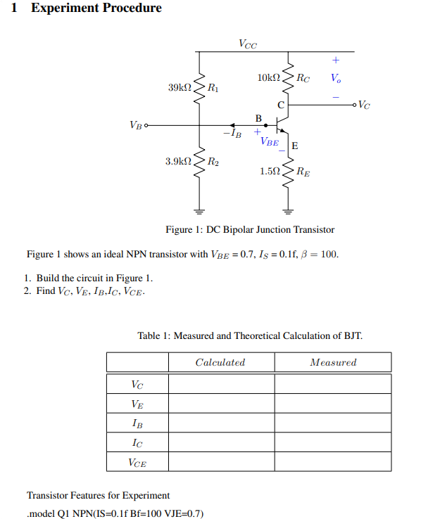1 Experiment Procedure Figure 1: DC Bipolar Junction | Chegg.com