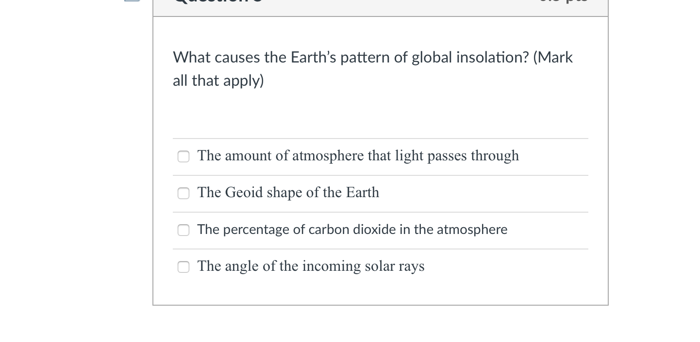 Solved What causes the Earth's pattern of global insolation? | Chegg.com