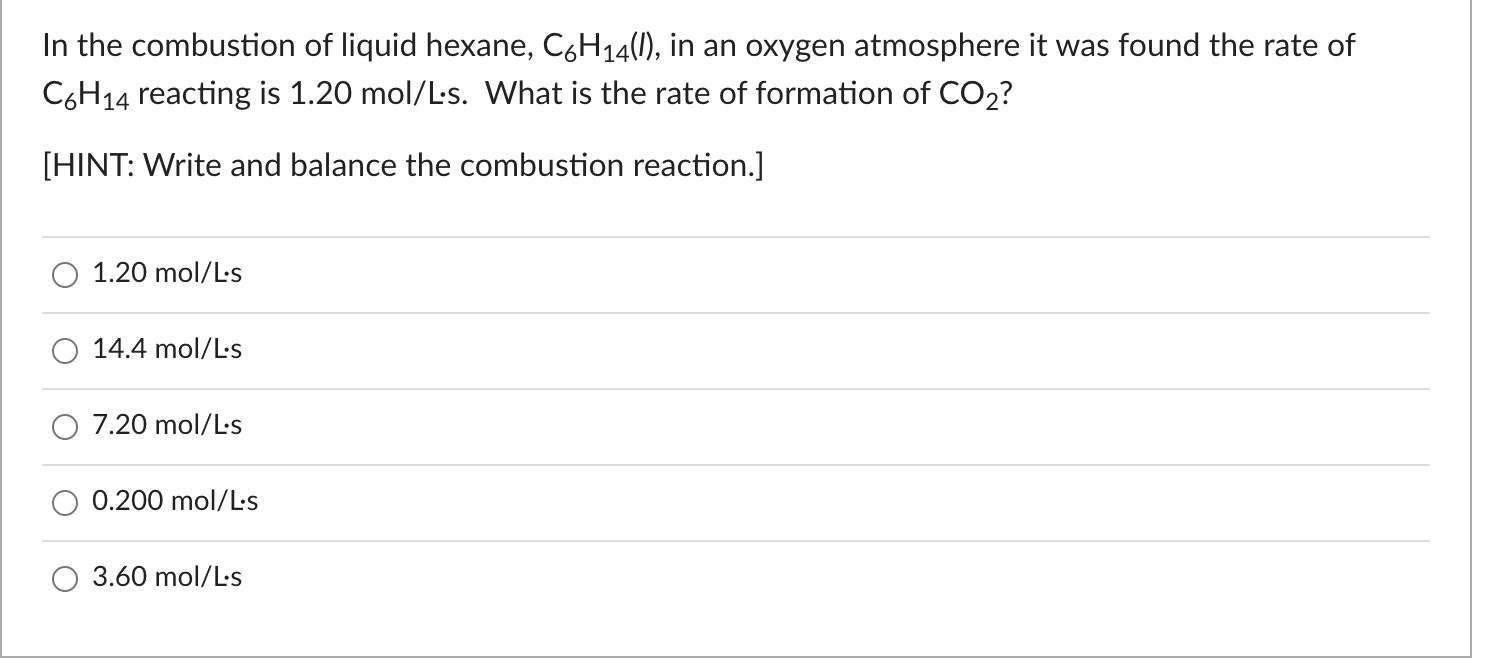Solved In the combustion of liquid hexane, C6H14(1), in an | Chegg.com