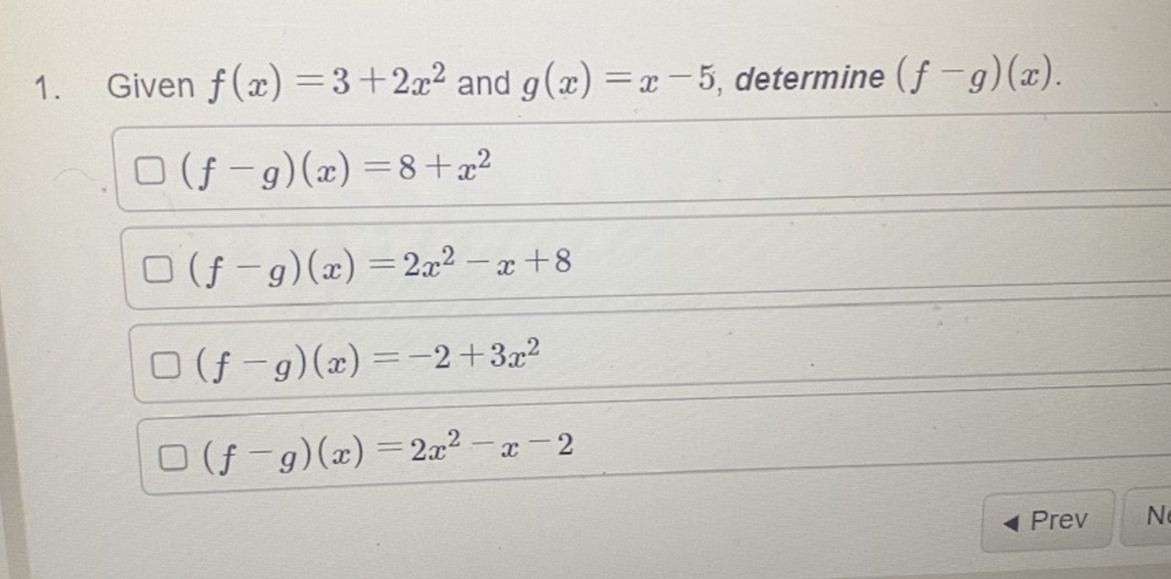 Solved Given f(x)=3+2x2 ﻿and g(x)=x-5, ﻿determine | Chegg.com