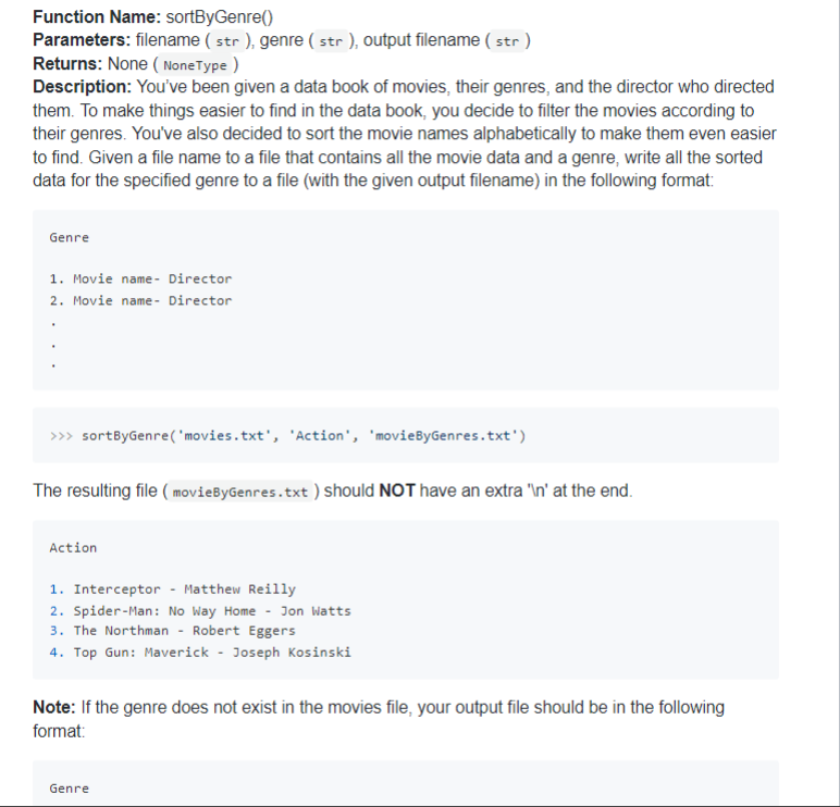 Solved Function Name: sortByGenre() Parameters: filename | Chegg.com