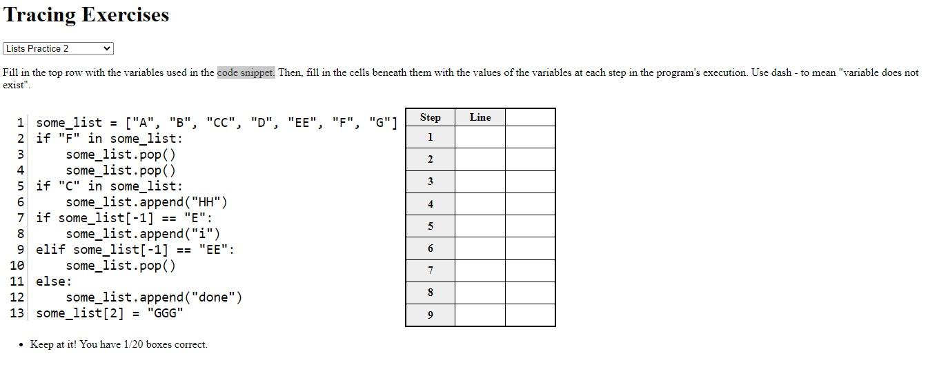 Solved Tracing Exercises exist". - Keep at it! You have 1/20 | Chegg.com
