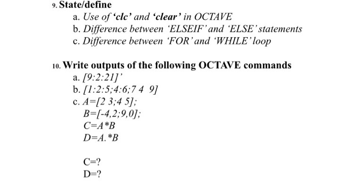 Solved State/define Use of 'clc' and 'clear' in OCTAVE | Chegg.com