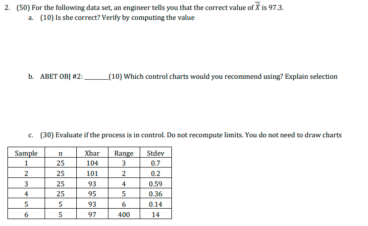 Solved (50) For the following data set, an engineer tells | Chegg.com