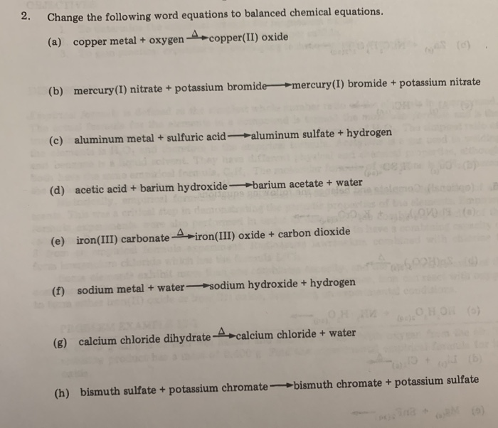 Solved 2. Change the following word equations to balanced | Chegg.com