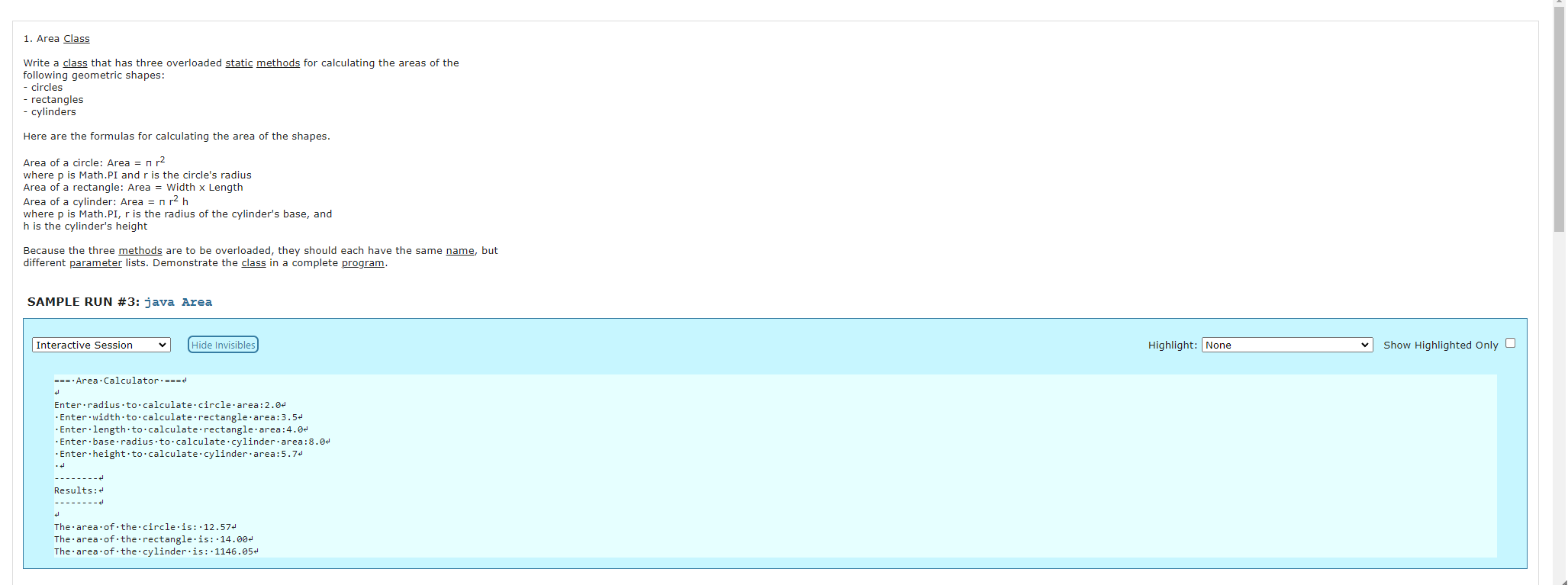 Solved 1. Area Class Write a class that has three overloaded | Chegg.com