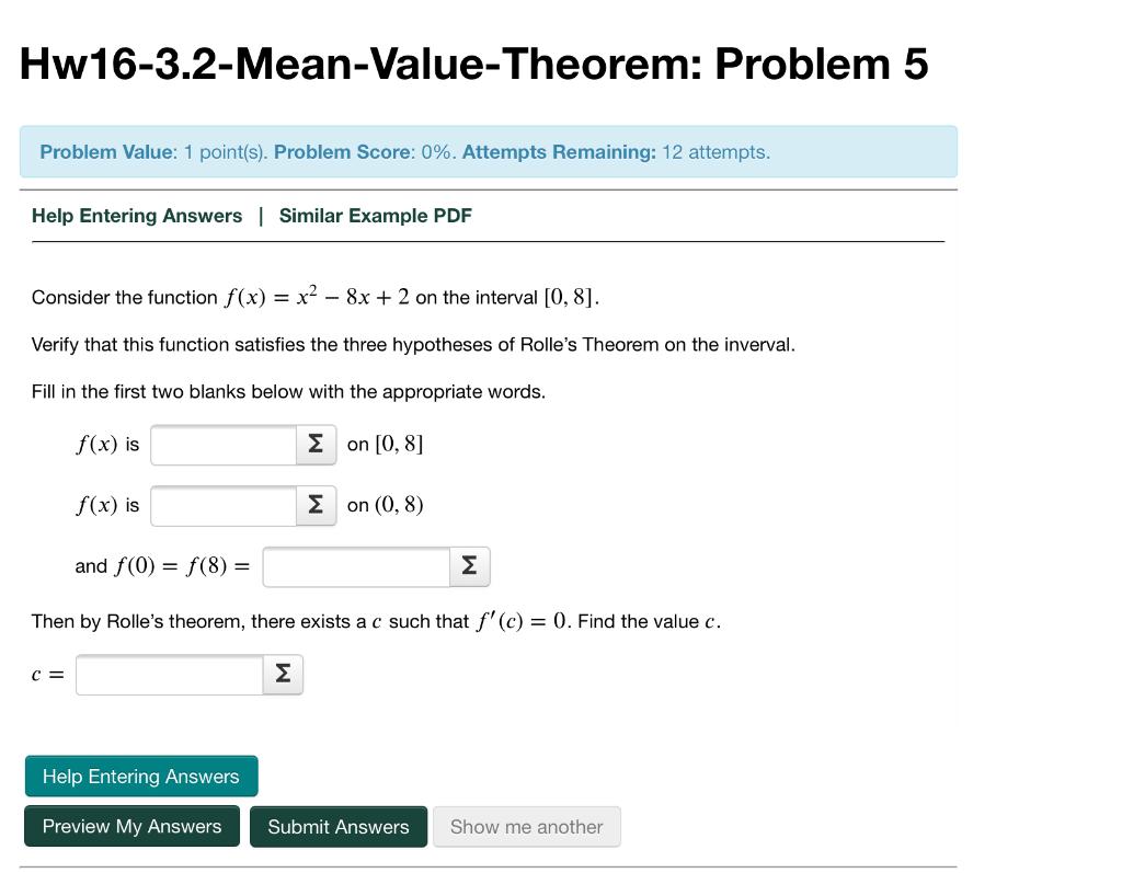 Solved Hw16-3.2-Mean-Value-Theorem: Problem 5 Problem Value: | Chegg.com