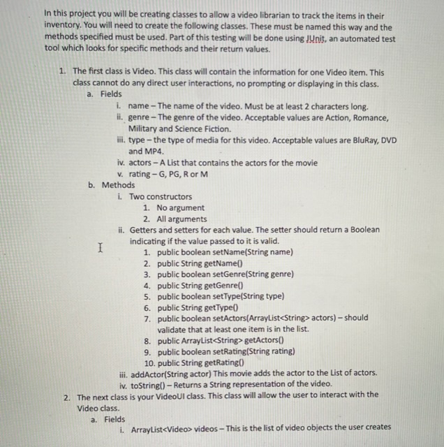 this project you will be creating classes to allow a | Chegg.com