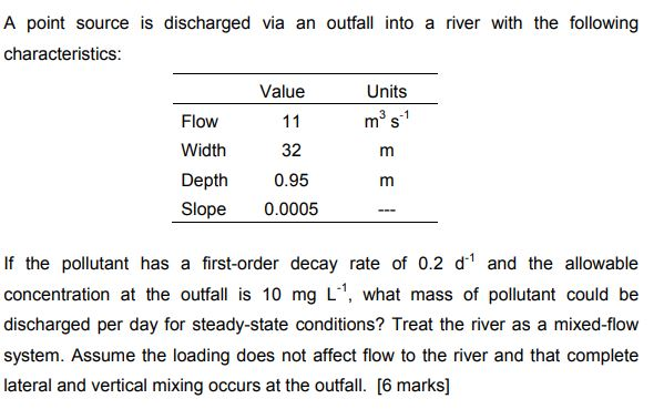 Solved A point source is discharged via an outfall into a | Chegg.com