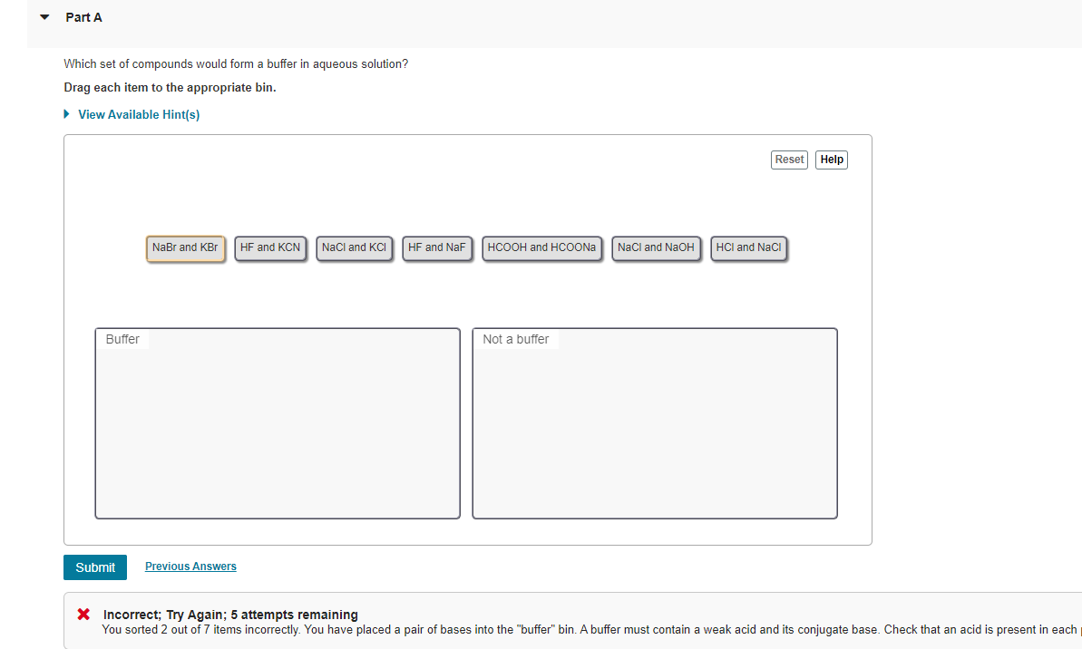 Solved Part A Which set of compounds would form a buffer in | Chegg.com
