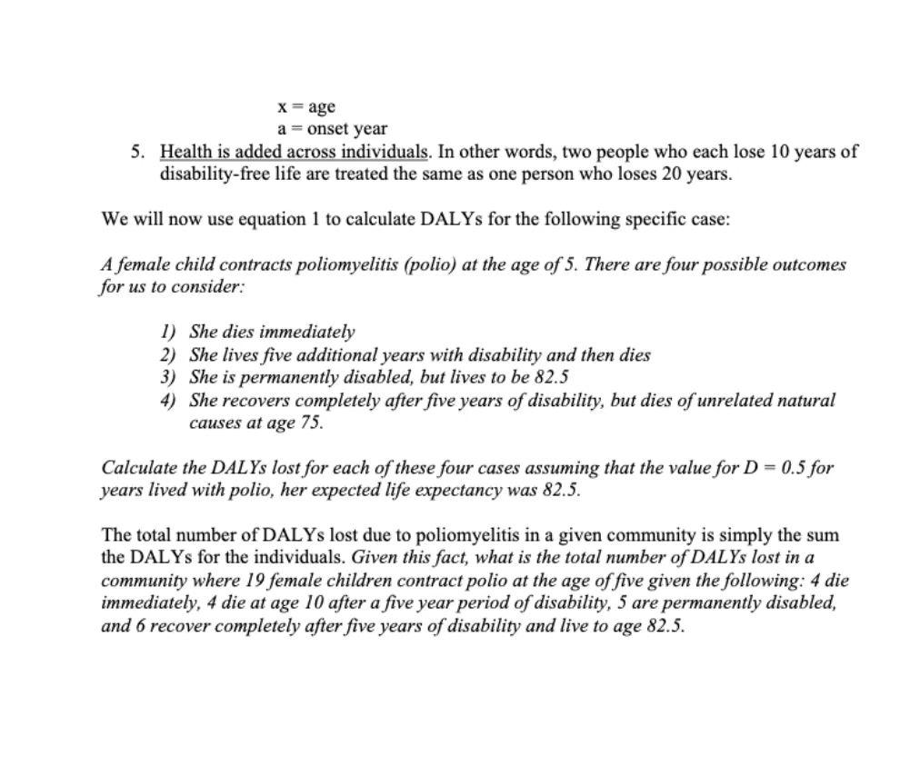 CALCULATION OF DALYS As discussed in class and in | Chegg.com