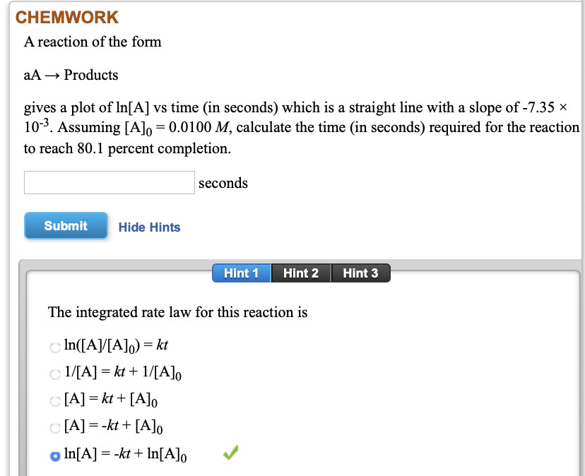 Solved CHEMWORK A reaction of the form aA→ Products gives a | Chegg.com