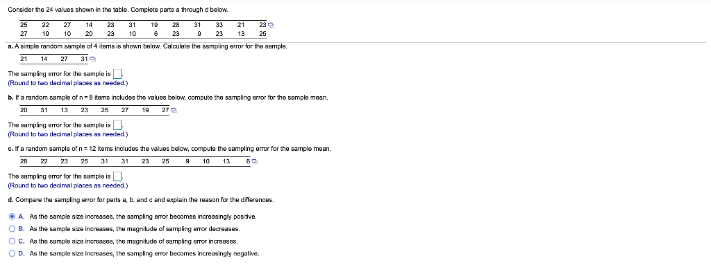 Solved Consider the 24 values shown in the table. Complete | Chegg.com