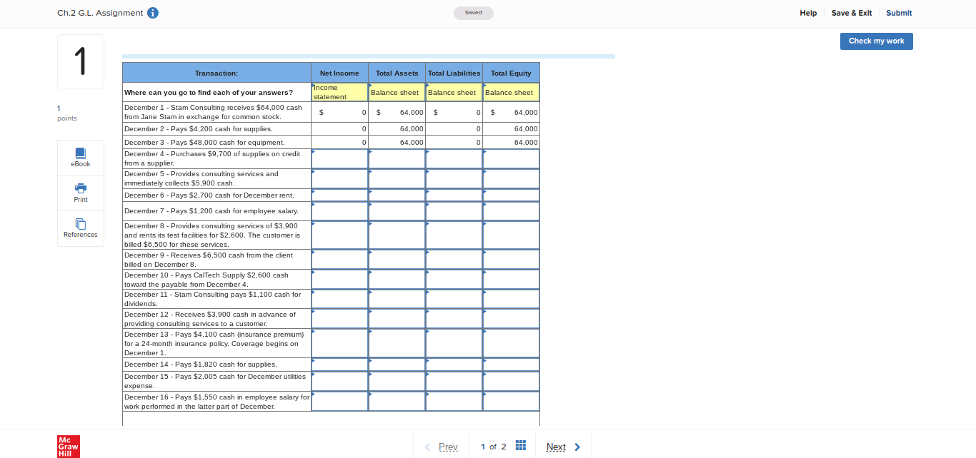 Solved Ch.2 G.L. Assignment i Saved Help Save \& Exit Submit | Chegg.com