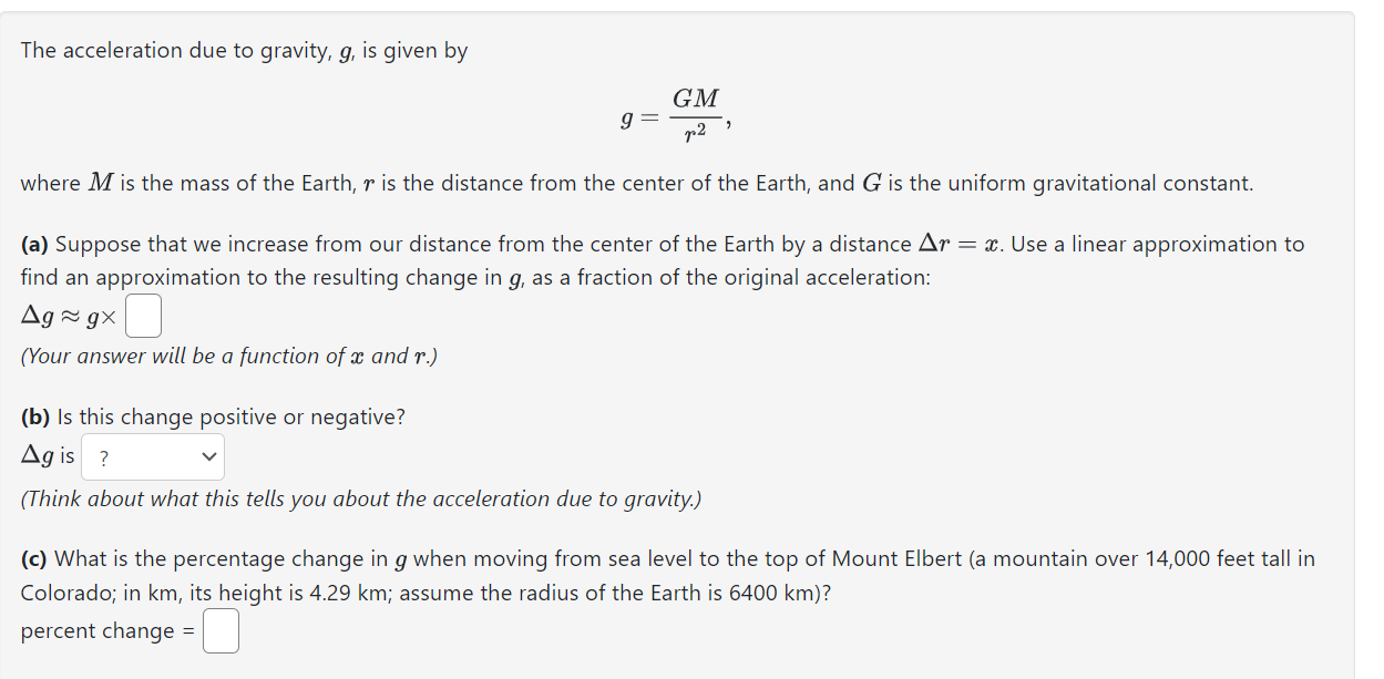 Solved The acceleration due to gravity, g, is given by | Chegg.com