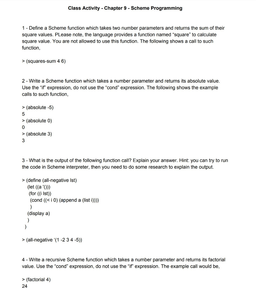 Class Activity Chapter 9 Scheme Programming 1